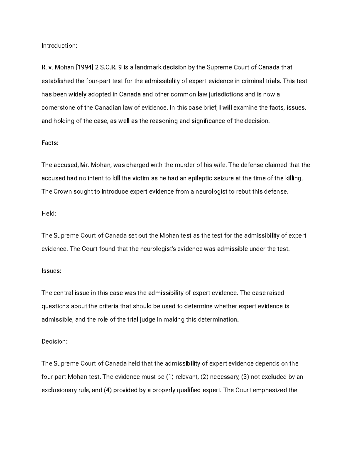 Law 1 - R v Mohan case study - Introduction: R. v. Mohan [1994] 2 S.C ...