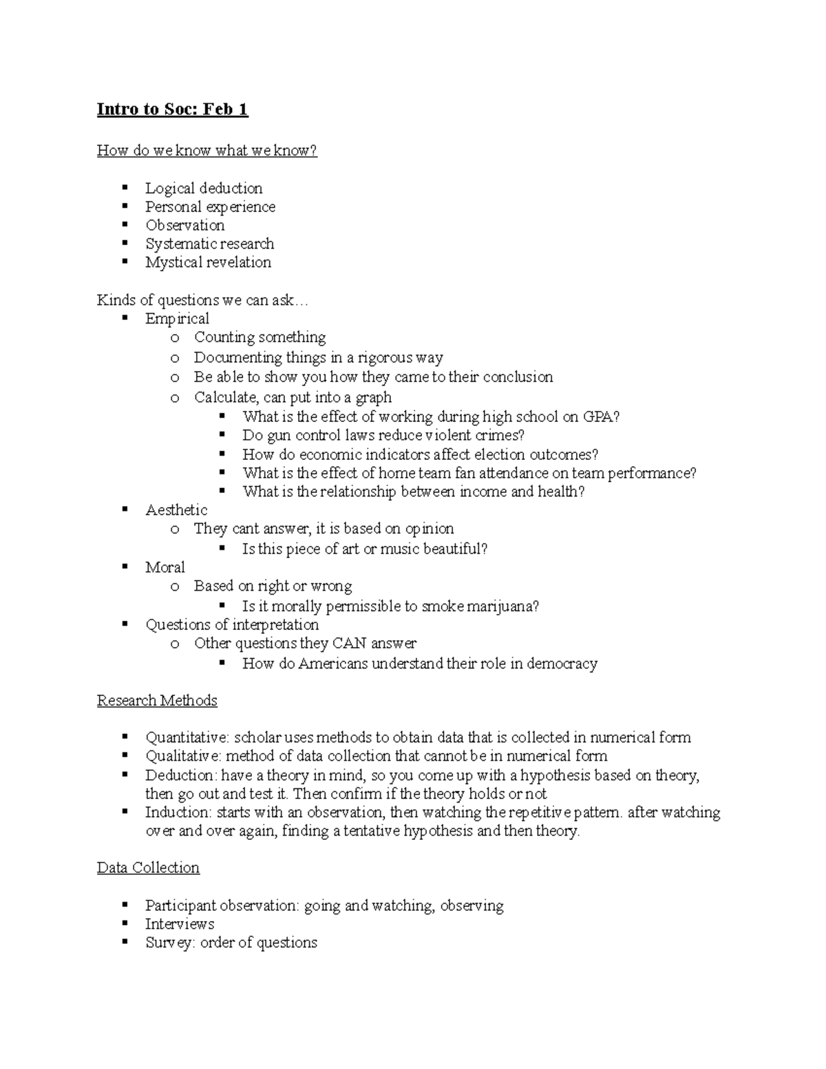Intro To Soc Feb 1 Lecture Notes Intro To Soc Feb 1 How Do We Know