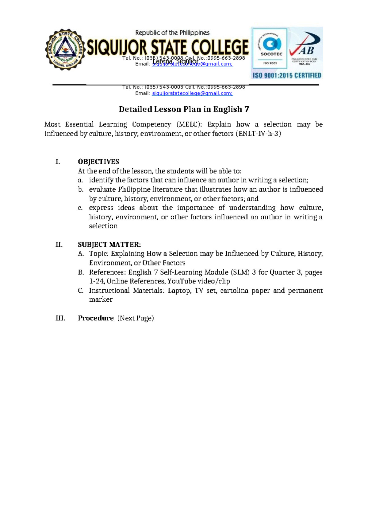 English 7-Q3 Module 3 - Copy - Copy - Detailed Lesson Plan in English 7 ...