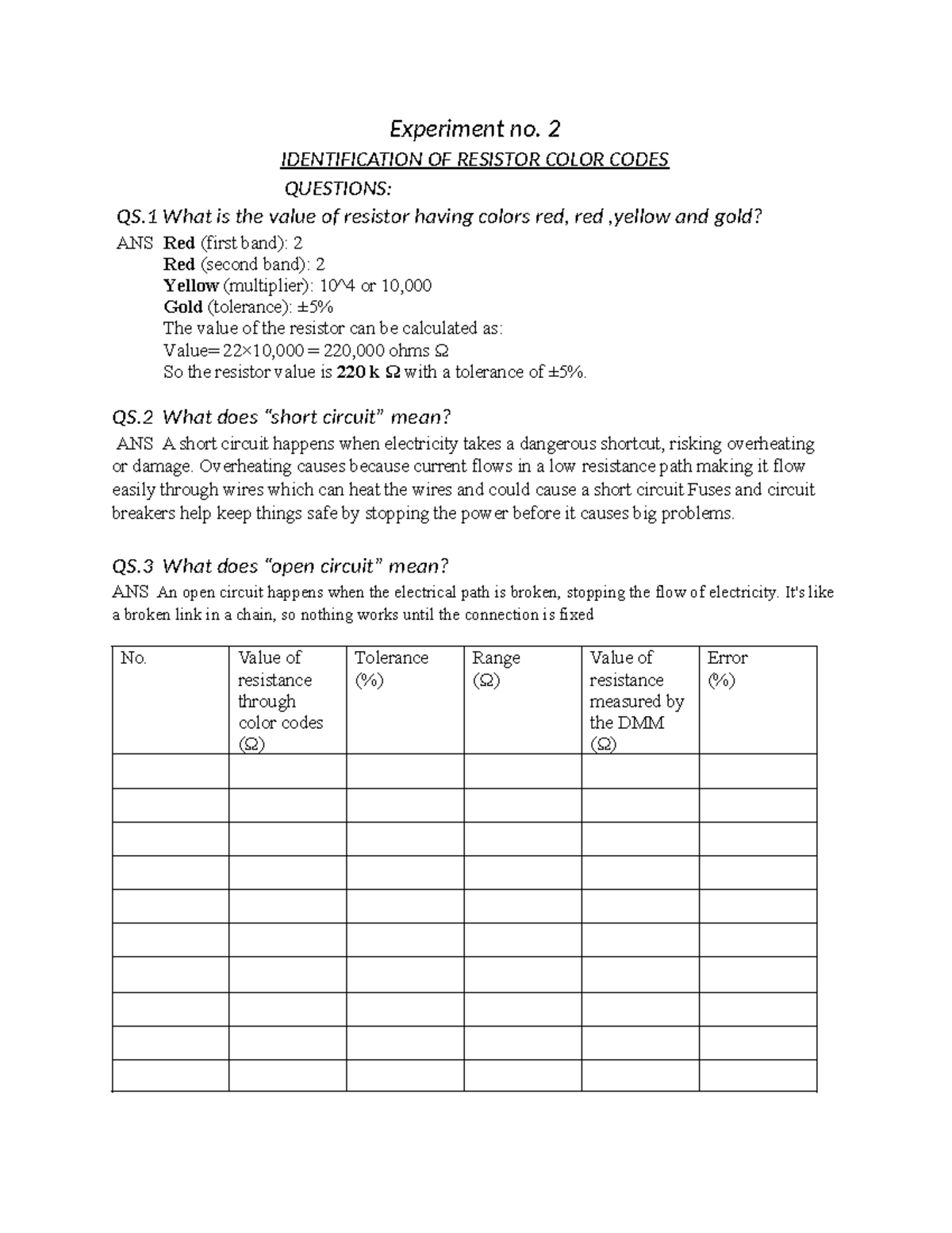 lab task physics - Experiment no. 2 IDENTIFICATION OF RESISTOR COLOR ...