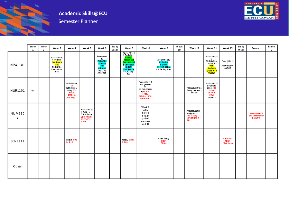 Semester-Planner- Nursing SEM 1 - Week 1 Week 2 Week 3 Week 4 Week 5 ...