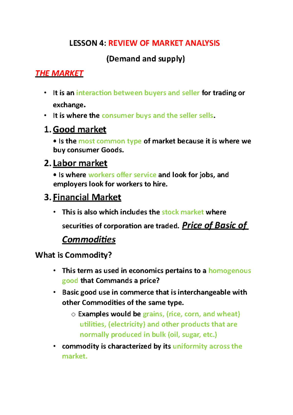Applied Eco. reviewer - REVIEW OF MARKET ANALYSIS (Demand and supply ...