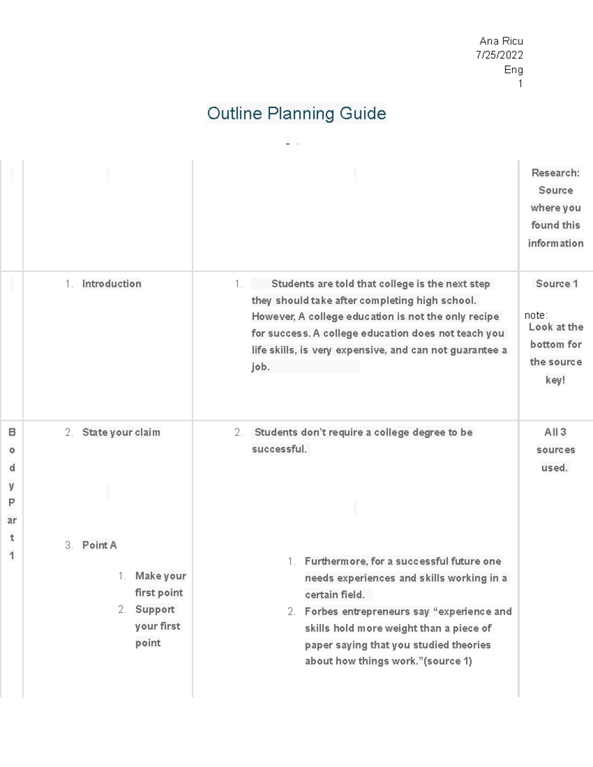04.06 Outlining Your Argument - 7/25/ Eng 1 Outline Planning Guide ...