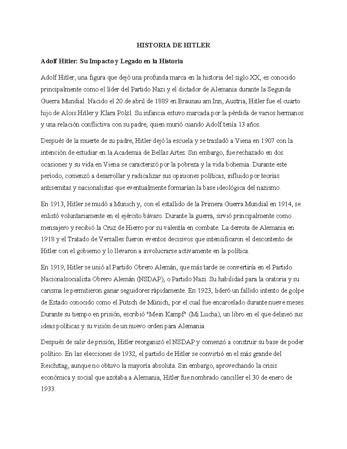 Historia DE Hitler - HISTORIA DE HITLER Adolf Hitler: Su Impacto y ...