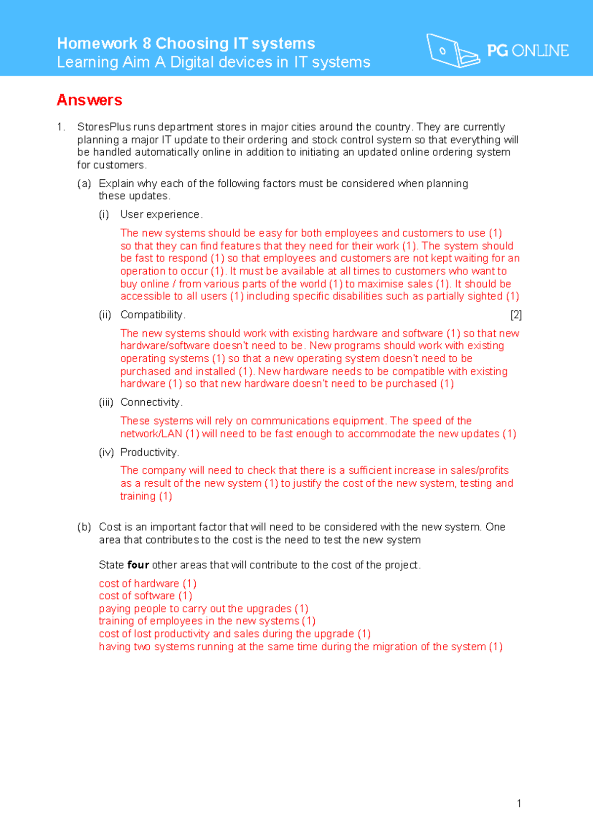 Learning Aim A - Topic 8 Exam Style Questions 8 Answers - Homework 8 Choosing IT systems ...