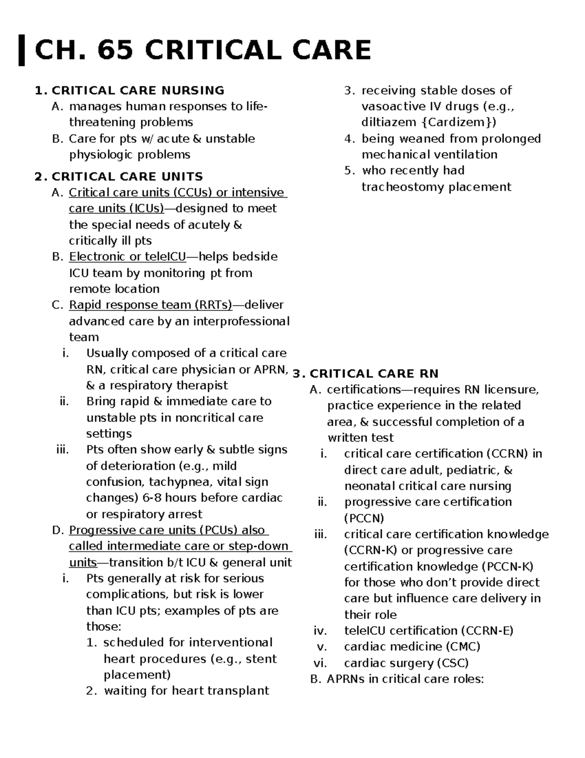 Critical care - CH. 65 CRITICAL CARE 1. CRITICAL CARE NURSING A ...