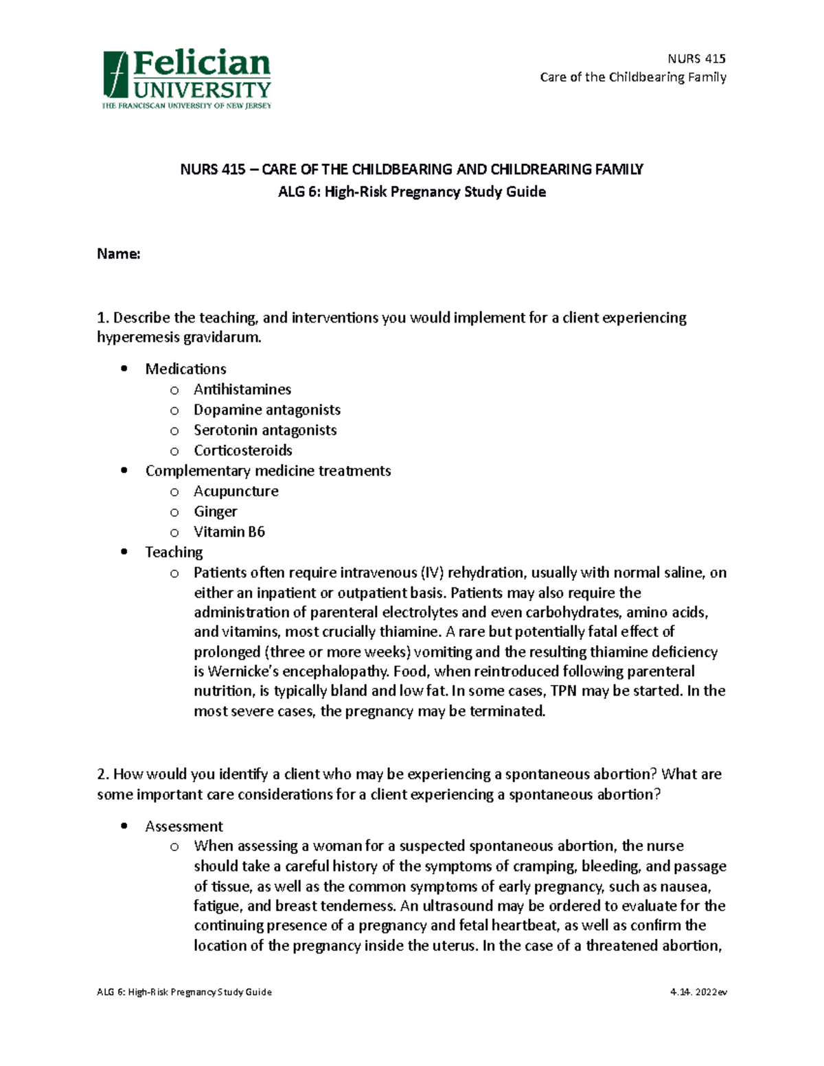 Active Learning Guide - Module 6 - Care of the Childbearing Family NURS ...