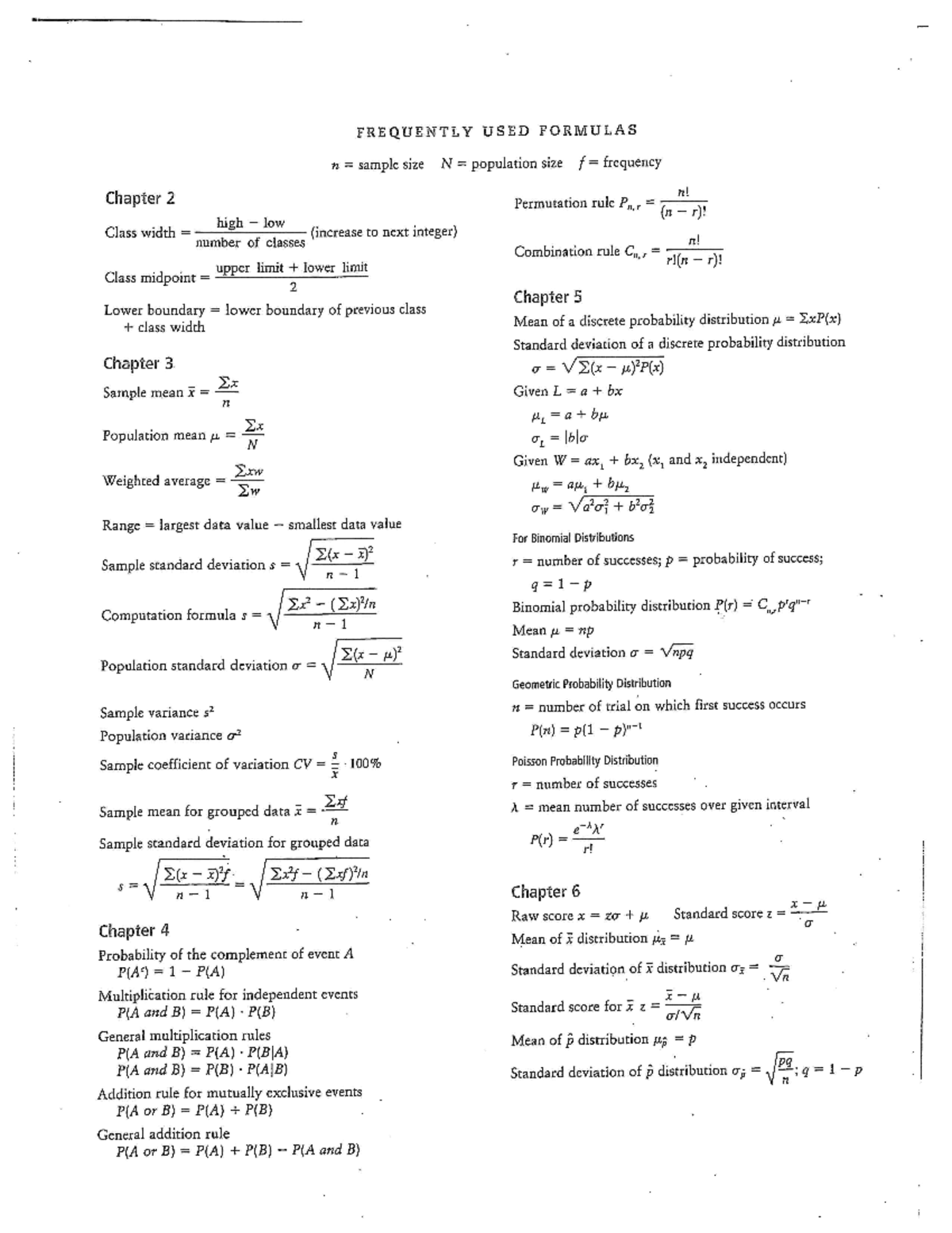 Formula Sheets and Tables - FREQUENTLY USED FORMULAS n sample size N ...