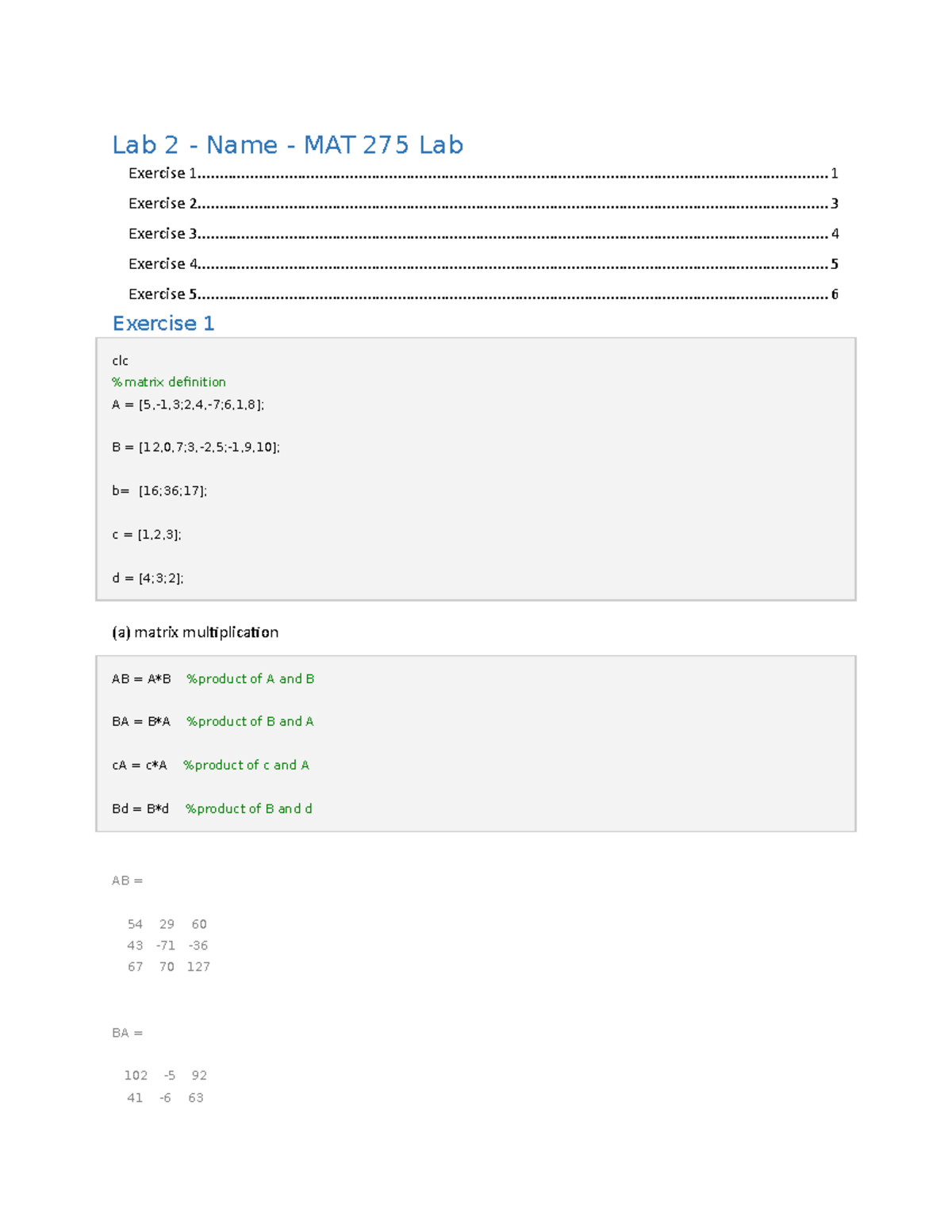 Lab 2 - for matlab - Lab 2 - Name - MAT 275 Lab Exercise - Studocu