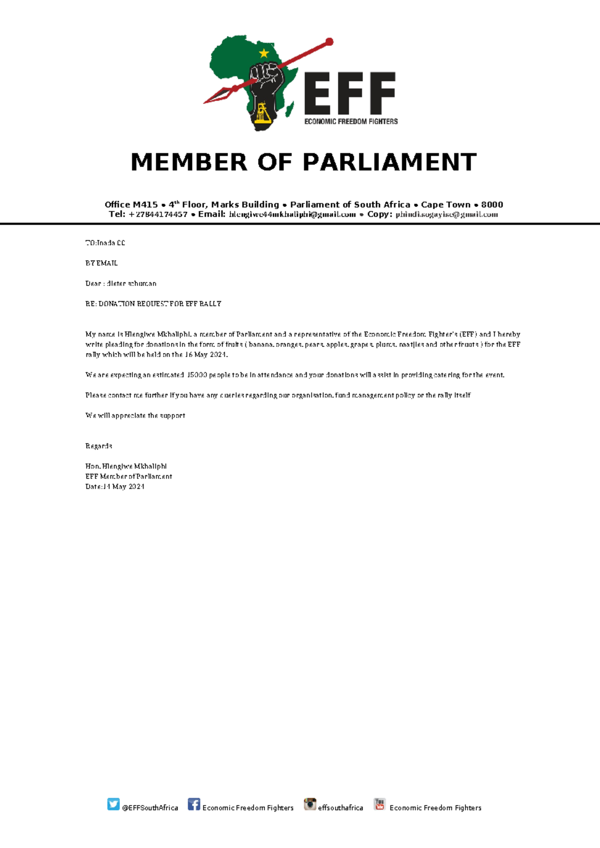 Donation for the EFF Rally - MEMBER OF PARLIAMENT Office M415 4 th ...