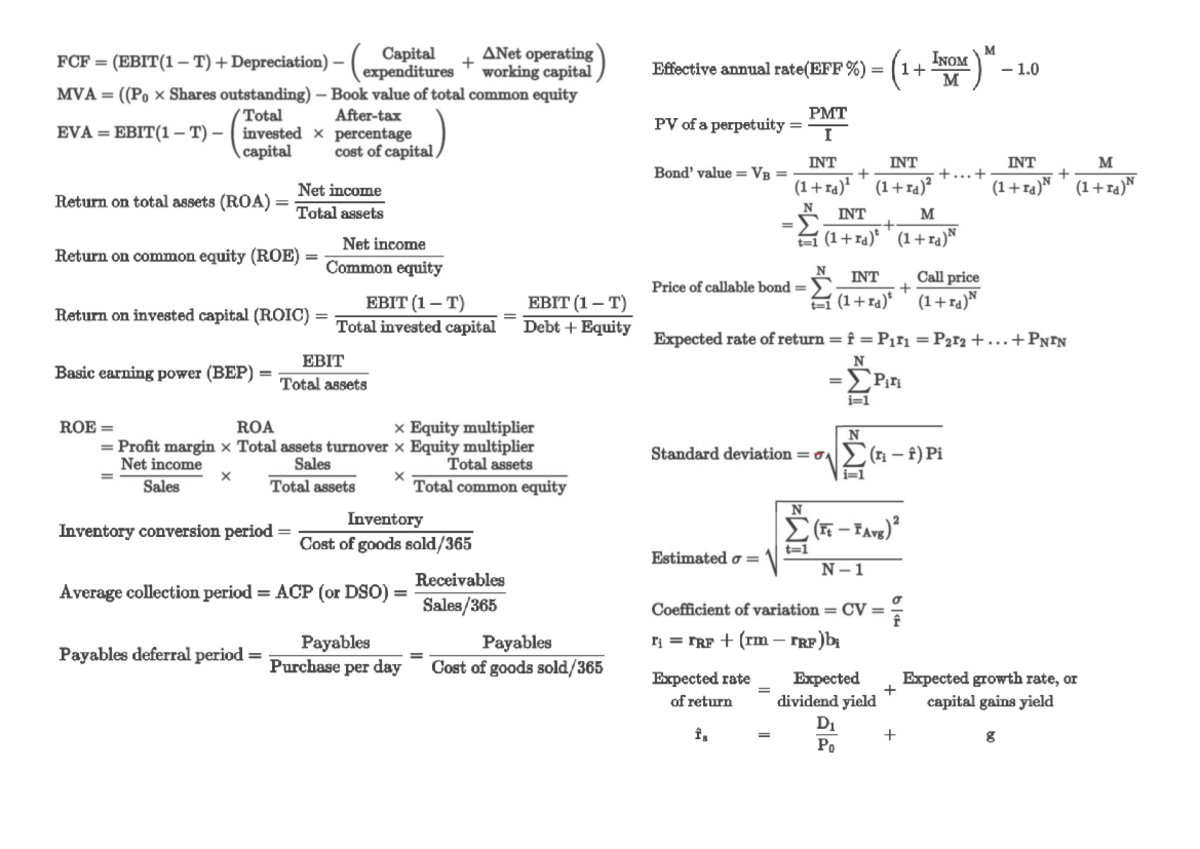 Finance Formula Sheet - FNCE101 - Studocu