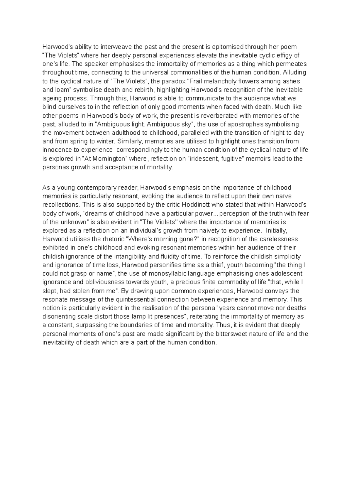 Harwood Poem analysis - Harwood’s ability to interweave the past and ...