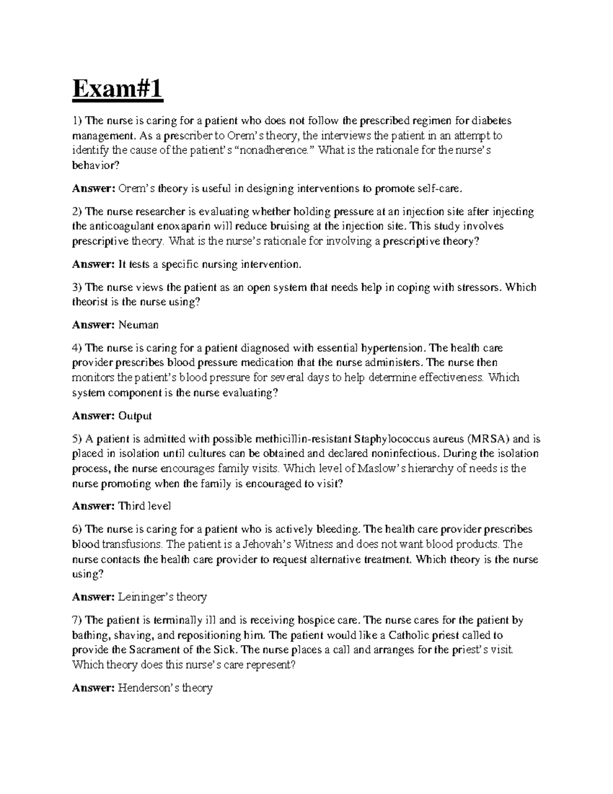 Exam1 - exam 1 study guide - Exam# 1 The nurse is caring for a patient who does not follow the ...