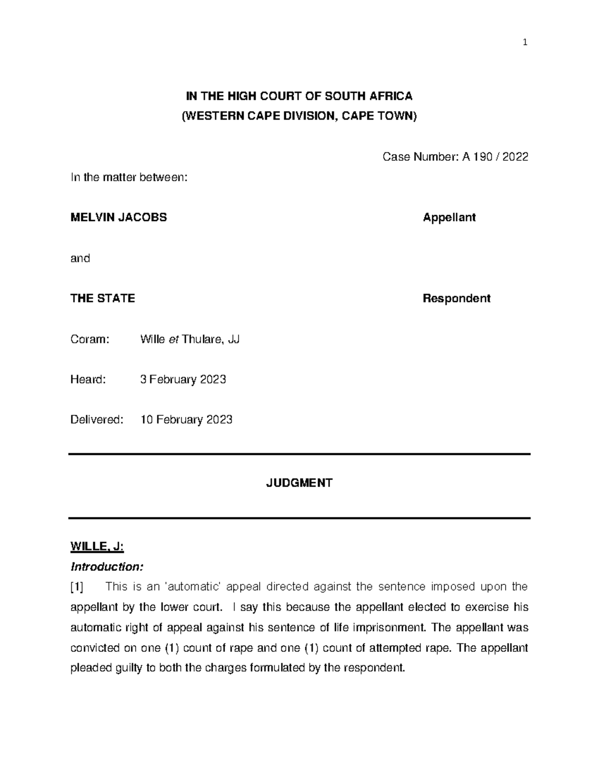 Jacobs v S - CASE ON CRIMINAL LAW - IN THE HIGH COURT OF SOUTH AFRICA ...