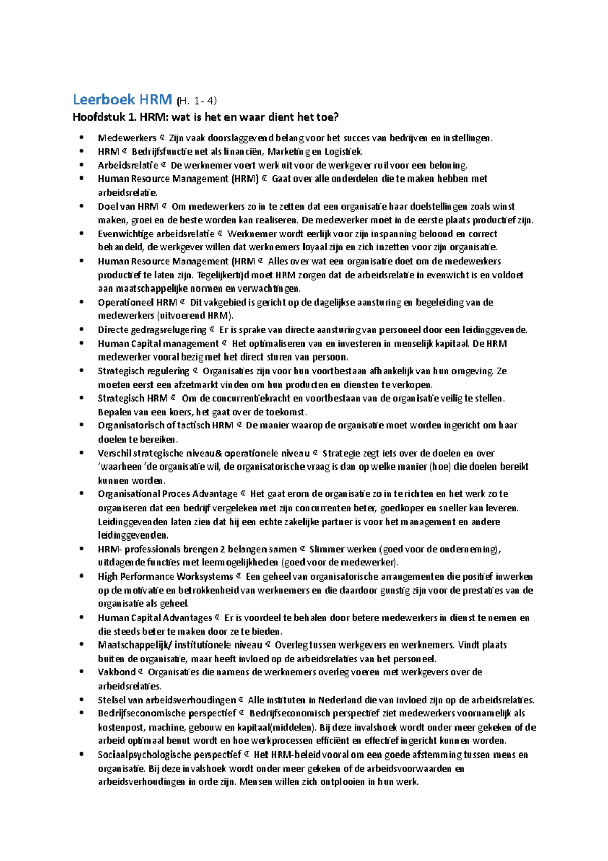 Leerboek HRM begrippen 1-4 - Leerboek HRM ( H. 1- 4) Hoofdstuk 1. HRM ...
