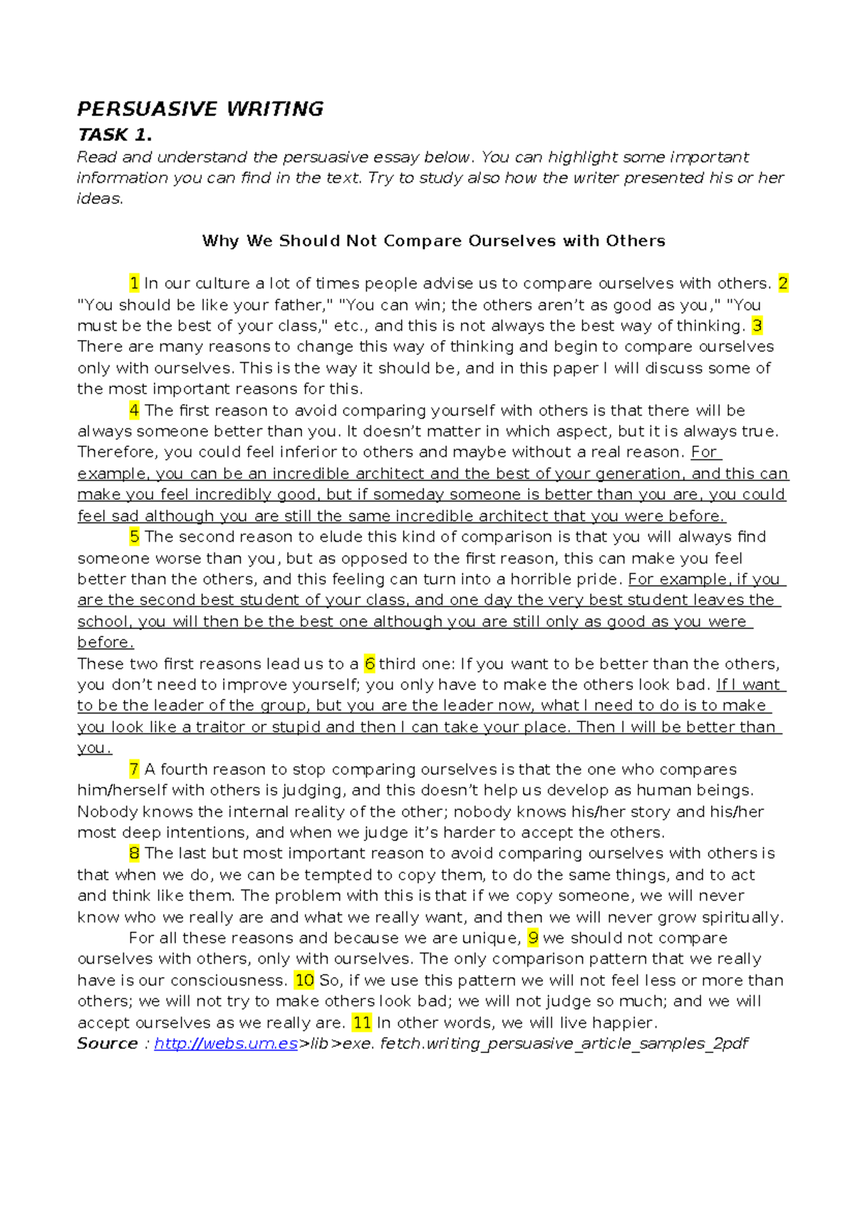 Persuasive Writing - none - PERSUASIVE WRITING TASK 1. Read and ...