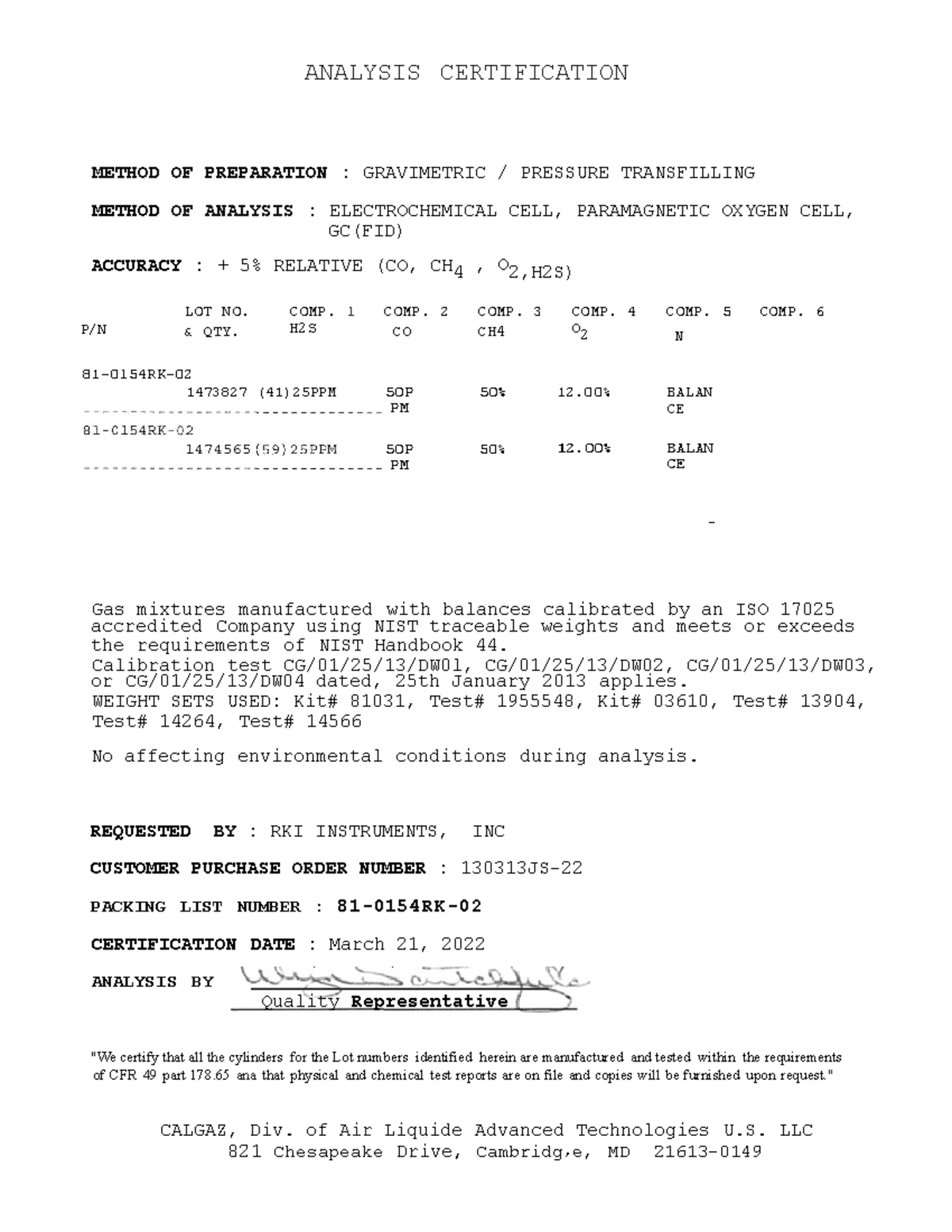 GAS Mixtura RKI2 - gases - METHOD OF PREPARATION : GRAVIMETRIC ...