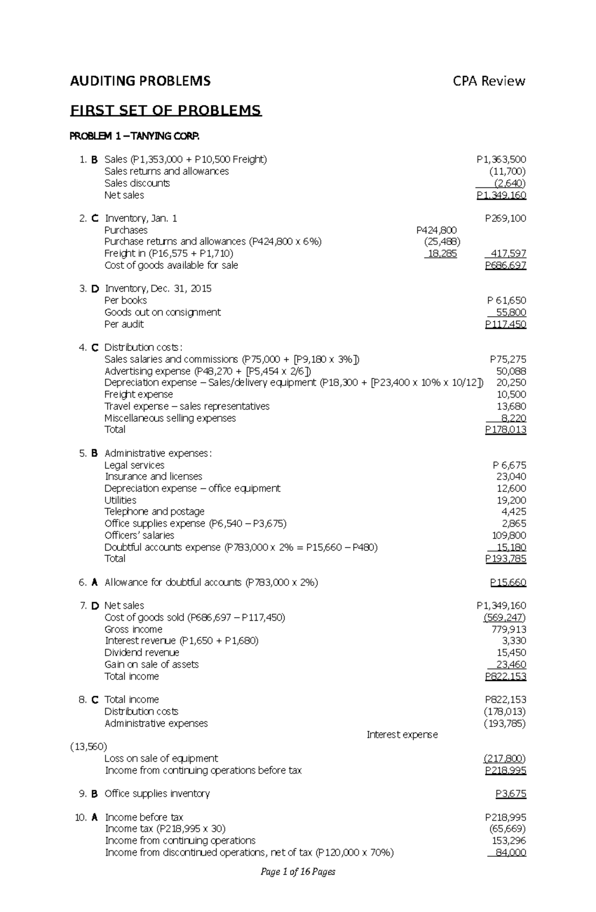 AP- Solutions-2016 - bsa - AUDITING PROBLEMS CPA Review FIRST SET OF ...