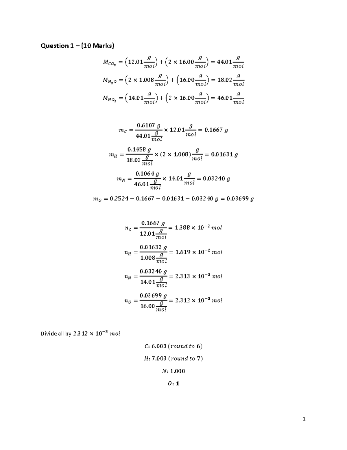 CHM110H5F Midterm Exam 1 - Practice Exam Answer Key - Question 1 – (10 ...