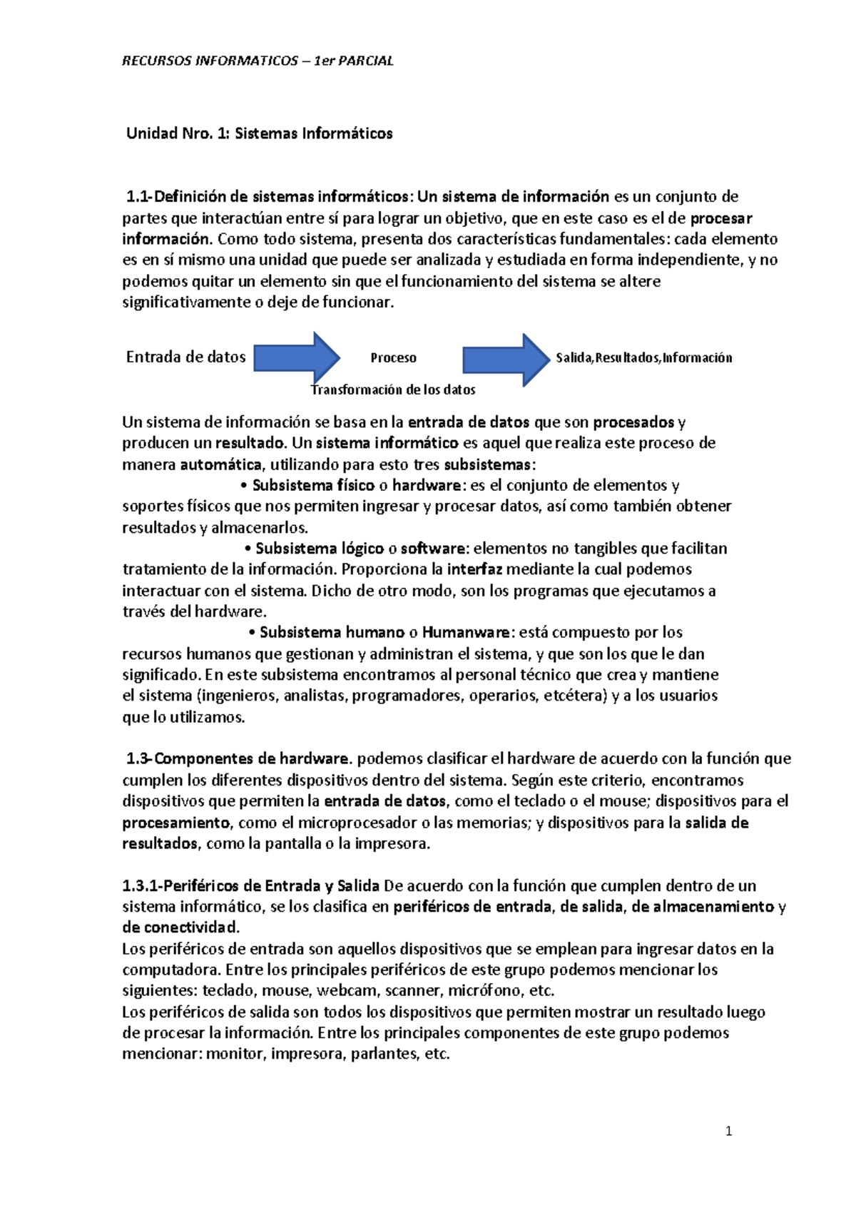 Resumen 1er parcial Recursos Informaticos - Unidad Nro. 1: Sistemas Informáticos 1-Definición de ...