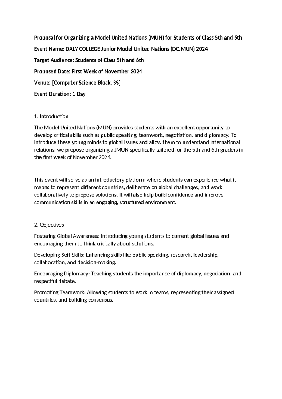 Proposal for Organizing a Model United Nations - Introduction The Model ...