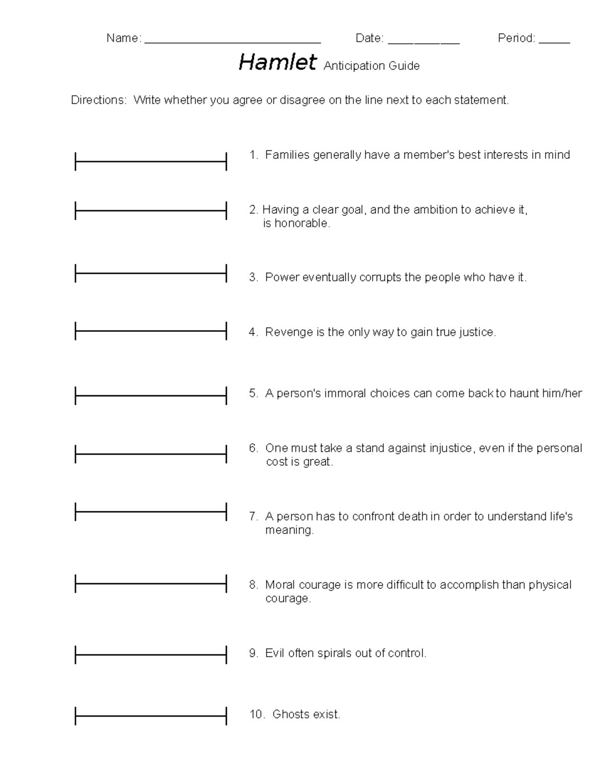 Hamlet anticipation guide - Name: Date: ___________ Period: Hamlet ...