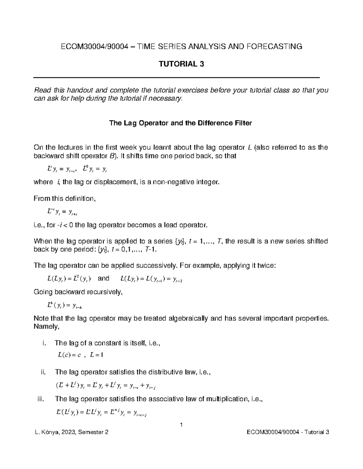 Tutorial 3 - Tute 3 - 1 ECOM30004/90004 – TIME SERIES ANALYSIS AND FORECASTING TUTORIAL 3 Read ...