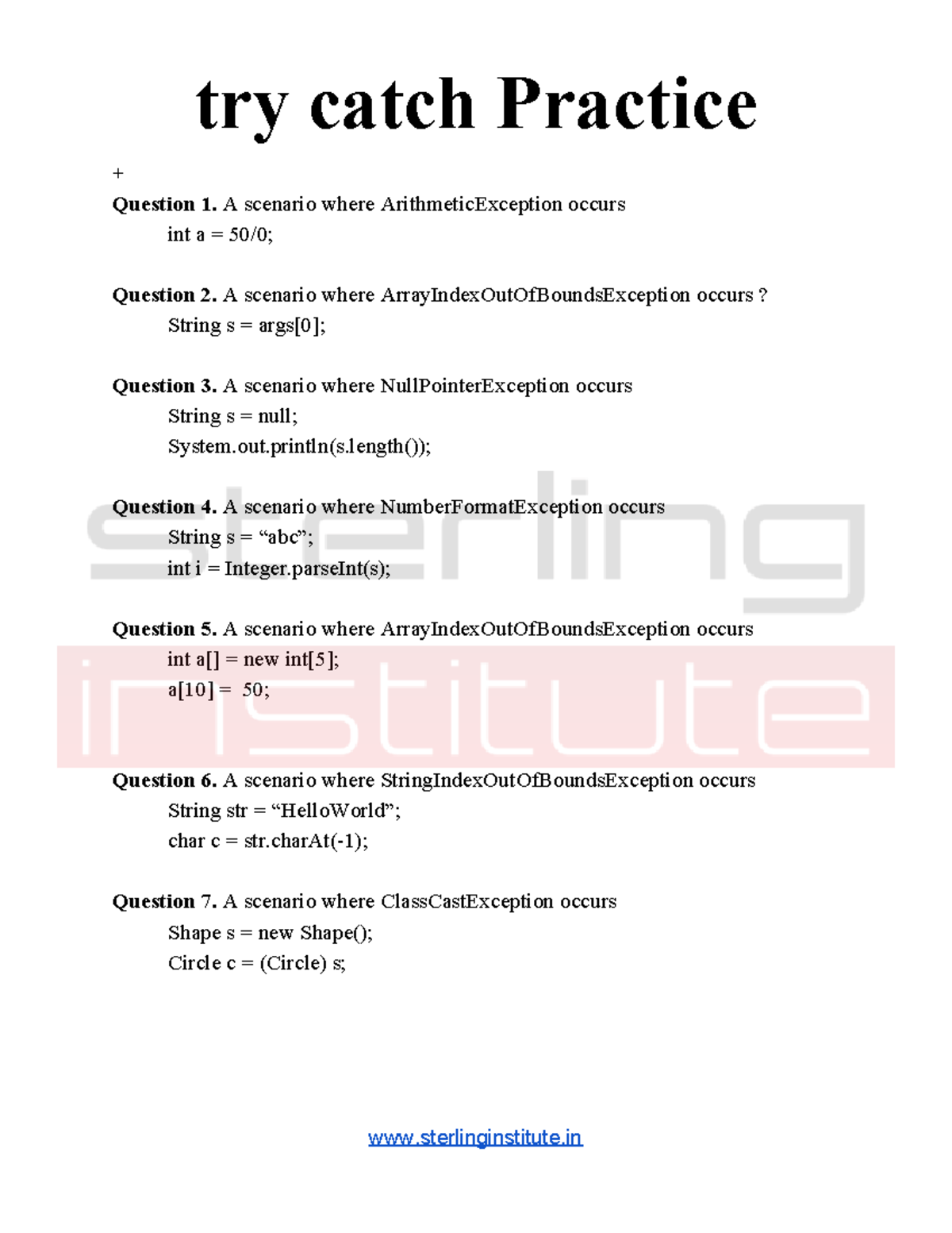 Try catch Practice - this is best quetion sheet for parties for logic ...