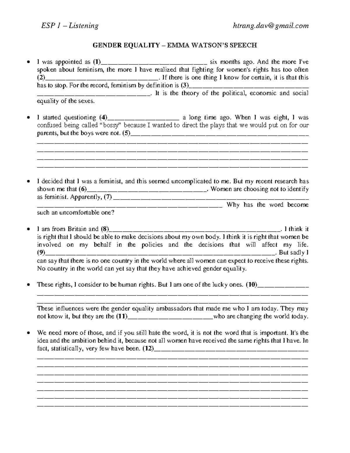 Gap filling - Gender equality - ESP 1 – Listening htrang@gmail GENDER ...