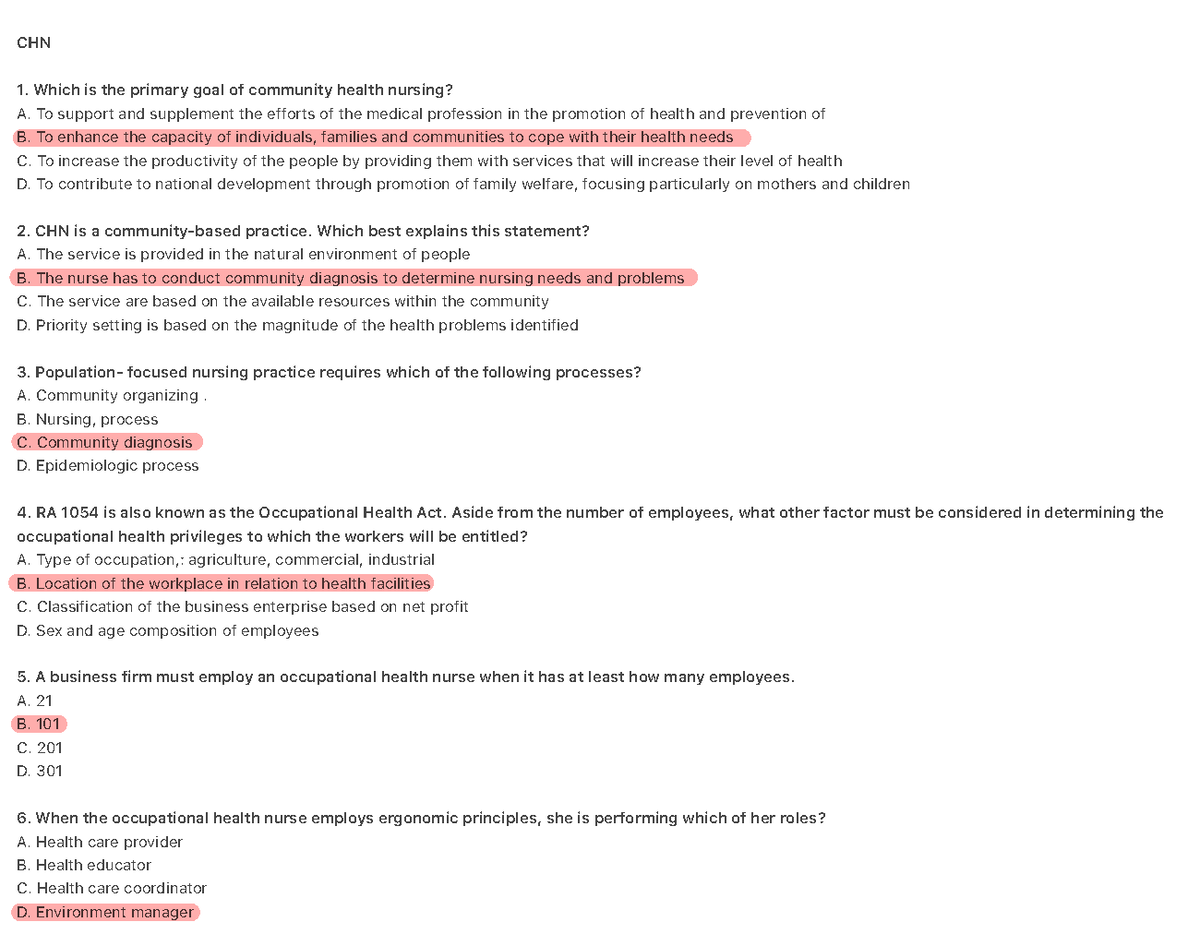 CHN - Vsbsn s - CHN Which is the primary goal of community health ...