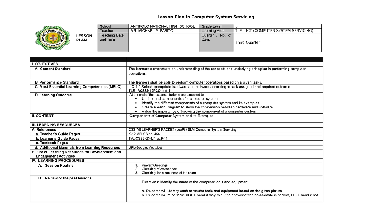 Fabito DLL 3rd QTR CSS COT1 - Lesson Plan in Computer System Servicing LESSON PLAN School ...