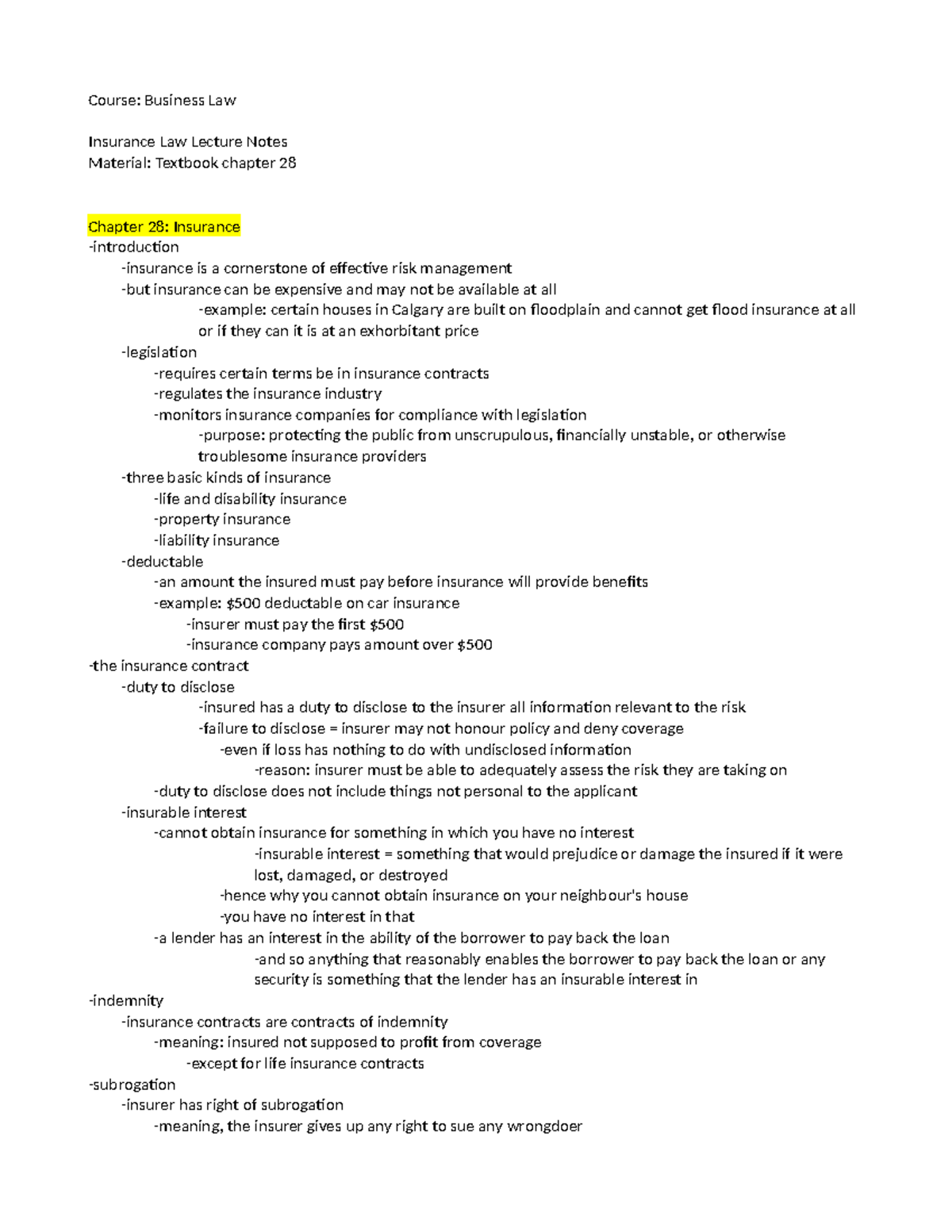 chapter 28 Insurance Law Notes - Course: Business Law Insurance Law ...