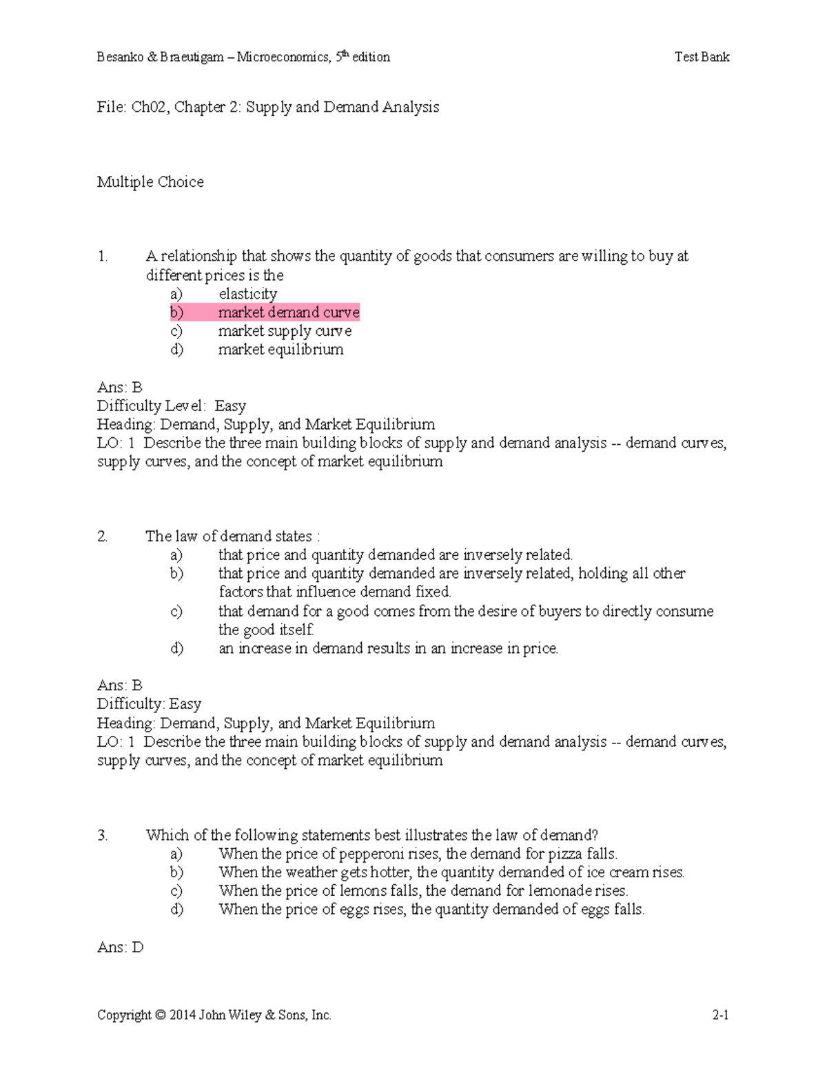 Chapter 2 - Microeconomics by David Besanko, Ronald Braeutigam Test ...