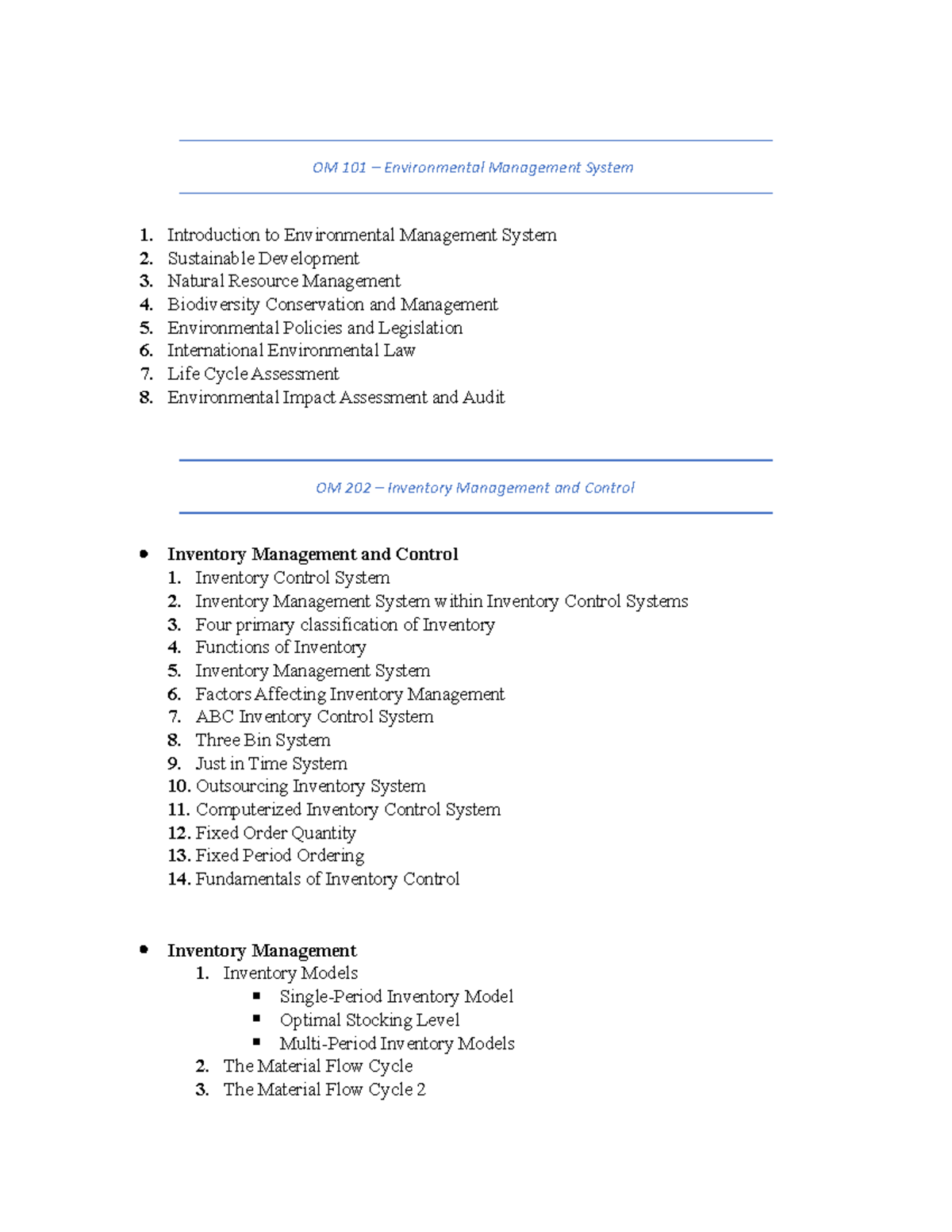 Major Subjects and their Subtopic - OM 101 – Environmental Management ...