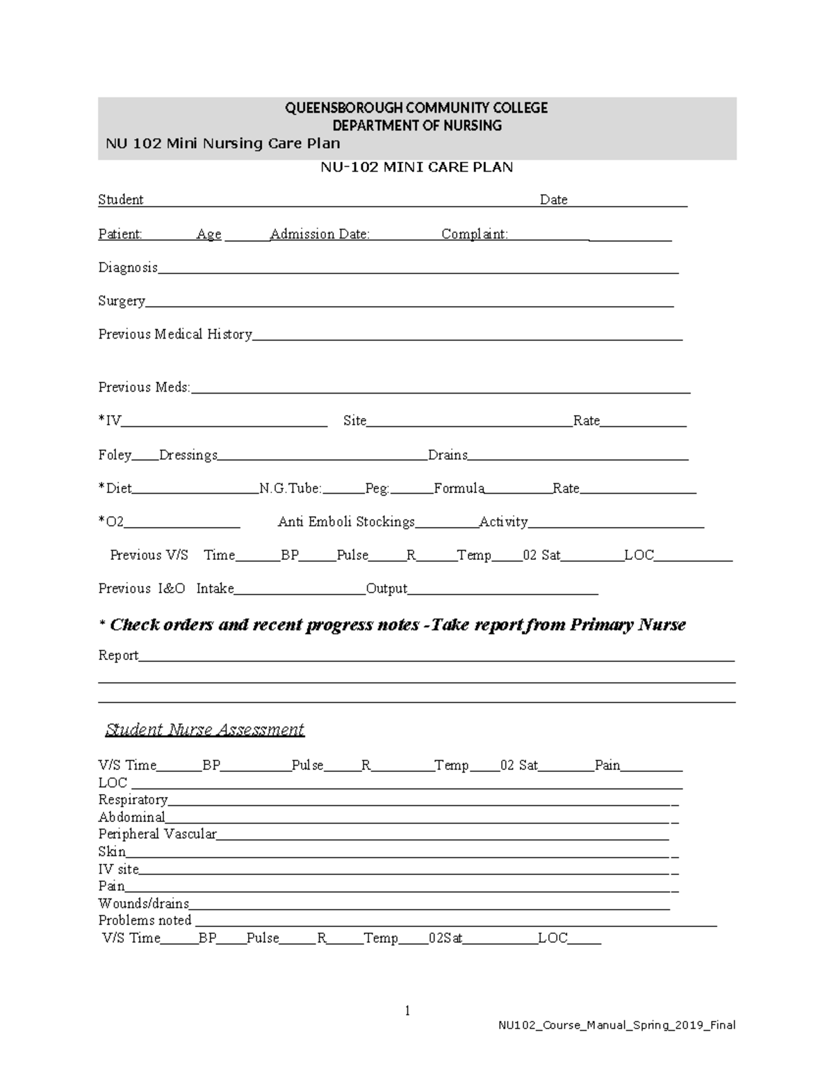 N102 mini care plan - Mini care plan - 1 NU-102 MINI CARE PLAN Student ...