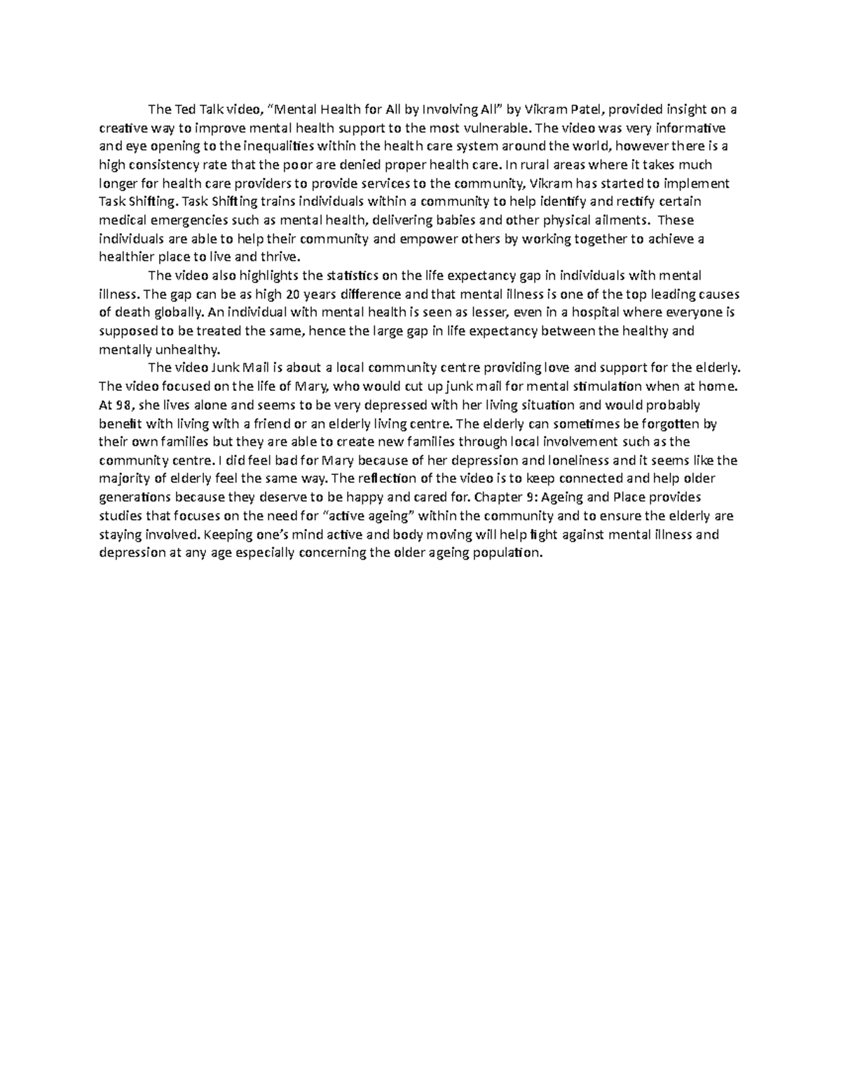 Group 2- Week 9 Discussion - The Ted Talk video, “Mental Health for All ...