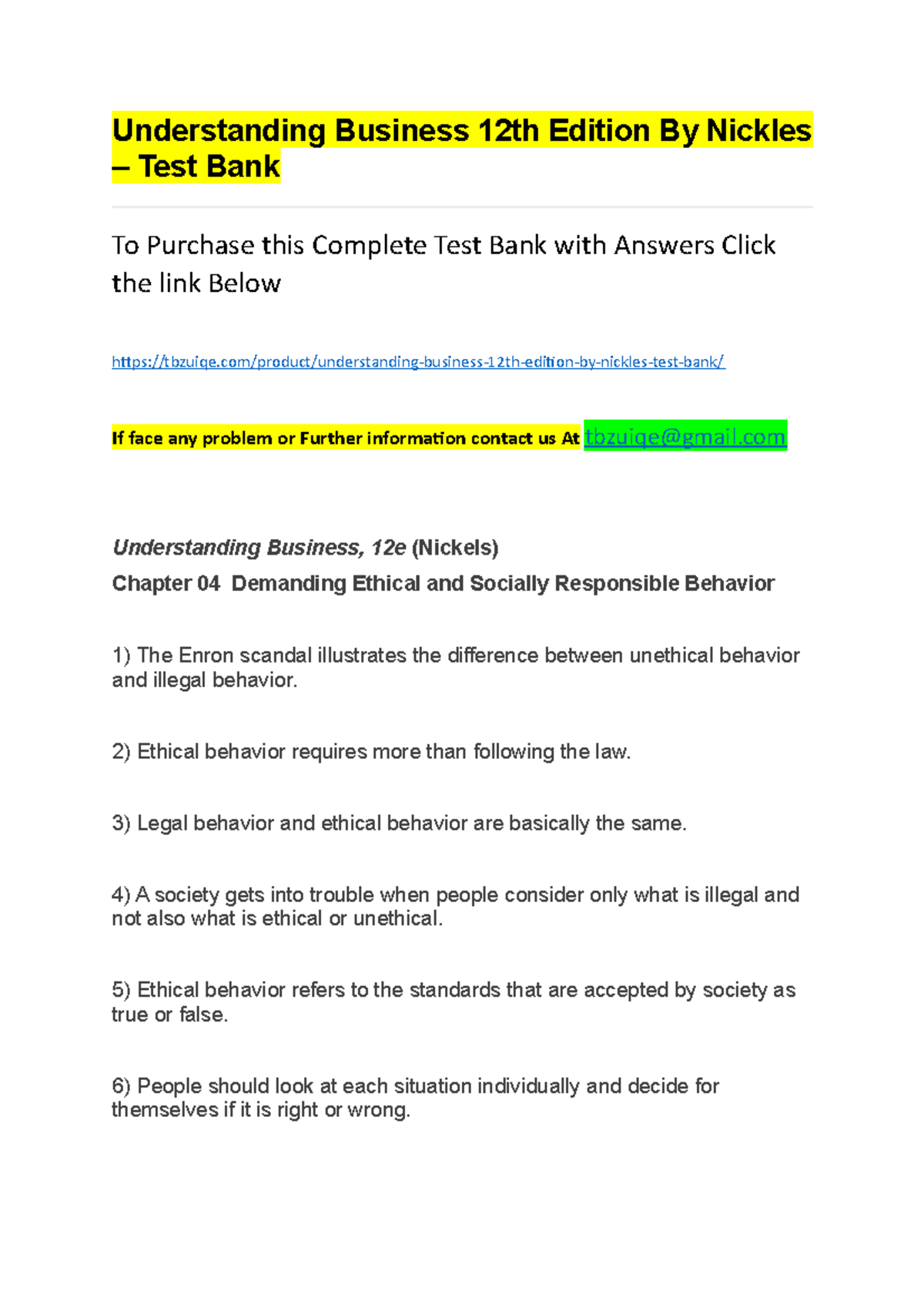 Sample question chapter 4 - Understanding Business 12th Edition By ...