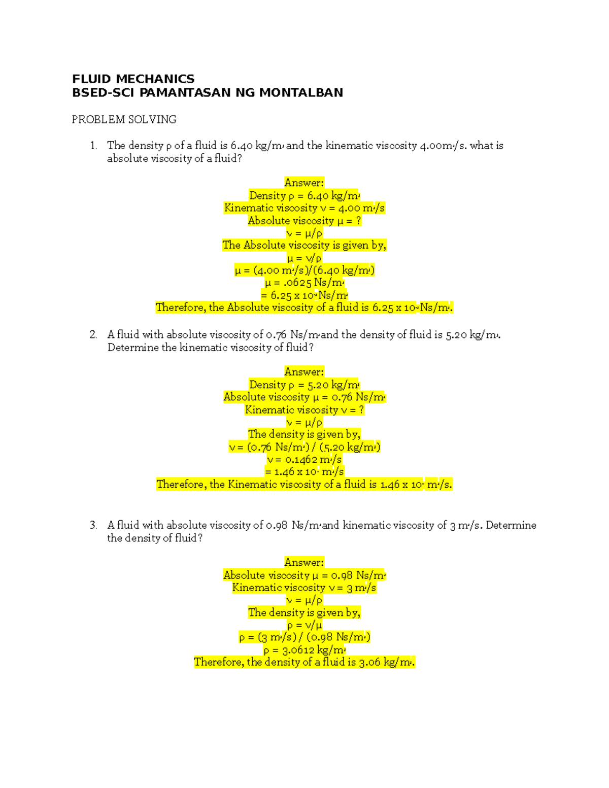 Fluid Mechanics Problem Solving - FLUID MECHANICS BSED-SCI PAMANTASAN NG MONTALBAN PROBLEM ...