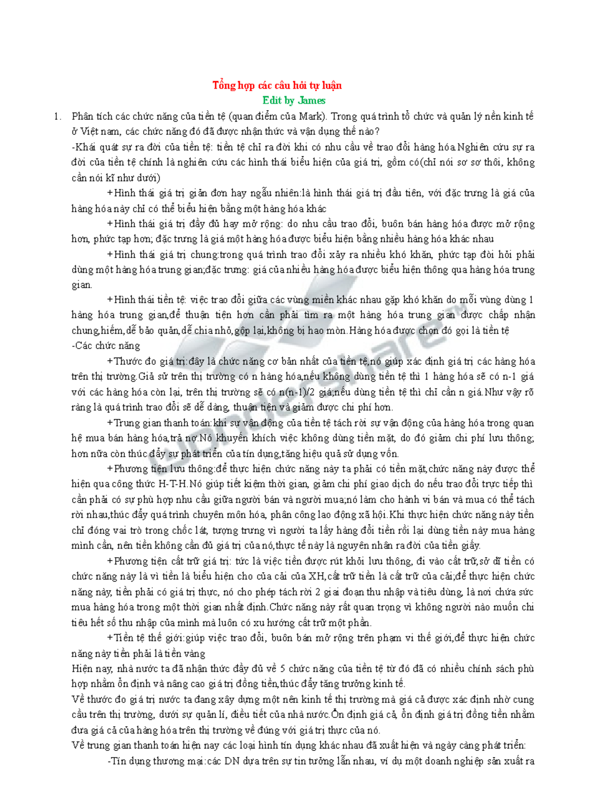 Tong hop cac cau hoi tu luan - Tổng hợp các câu hỏi tự luận Edit by ...