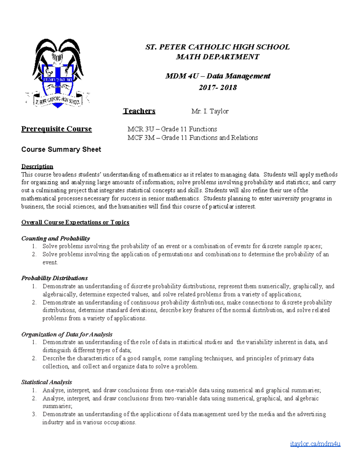 SPK-MDM4U Course Outline - ST. PETER CATHOLIC HIGH SCHOOL MATH ...