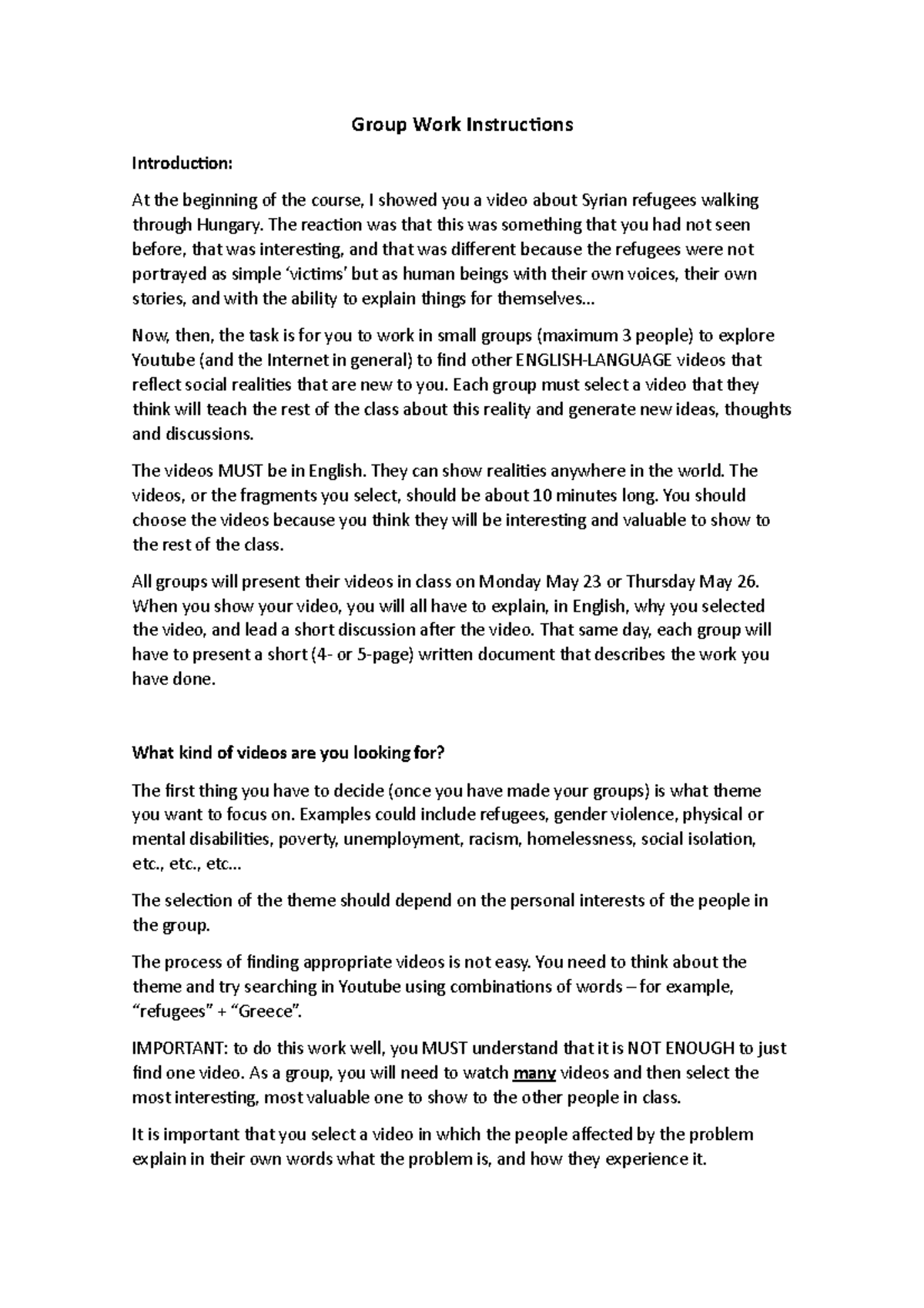 Group Work Instructions - Group Work Instructions Introduction: At the ...