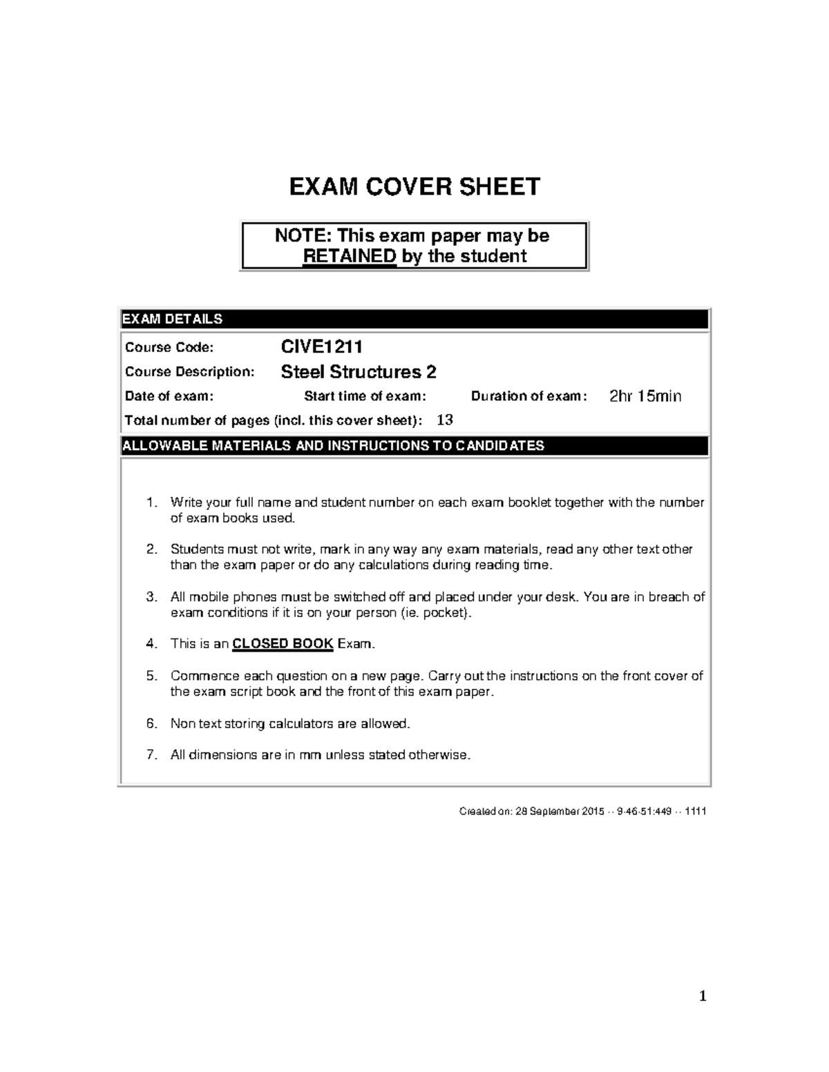 CIVE1210 2016 exam and answers - EXAM COVER SHEET NOTE: This exam paper ...
