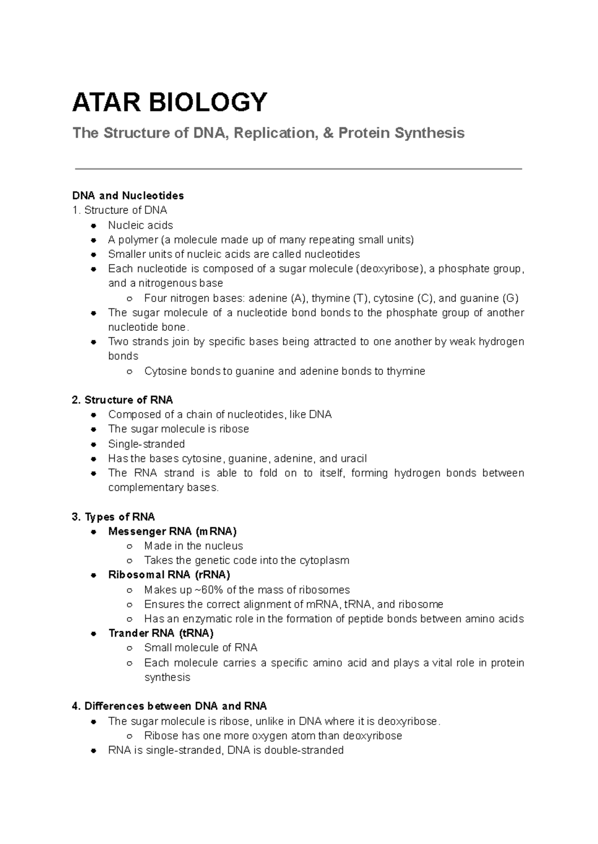 The Structure of DNA, Replication, & Protein Synthesis - ATAR BIOLOGY ...