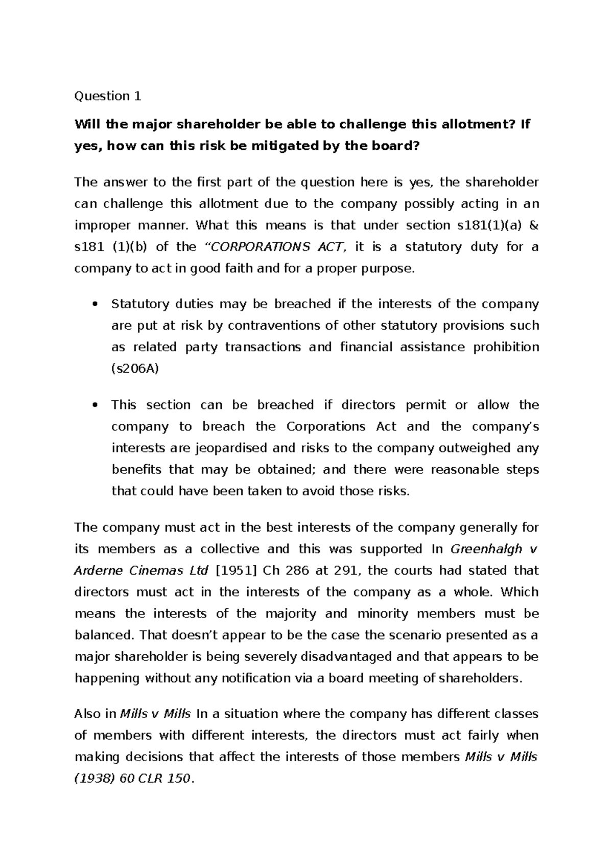 Corporations Law Presentation - Question 1 Will the major shareholder ...