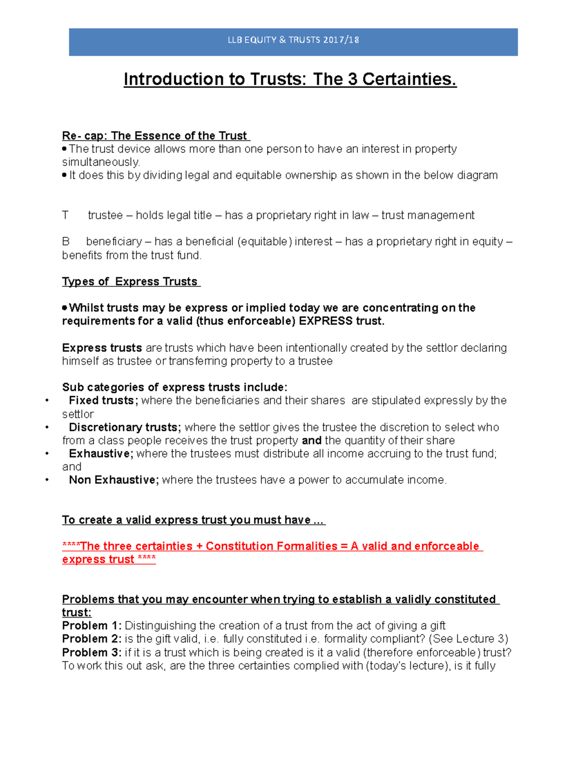 Equity and Trusts - 3 Certainties - LLB EQUITY & TRUSTS 2017/18 Introduction to Trusts: The ...