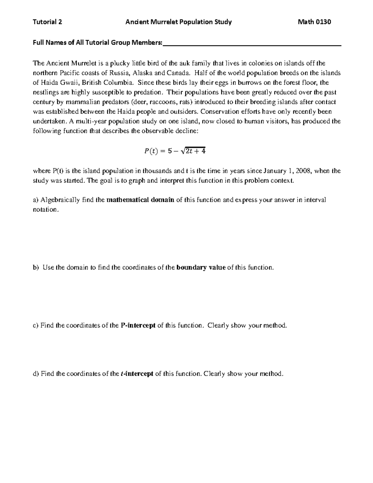 MATH 0130 Tutorial 2 Worksheet W2022 - Tutorial 2 Ancient Murrelet Population Study Math 0130 ...