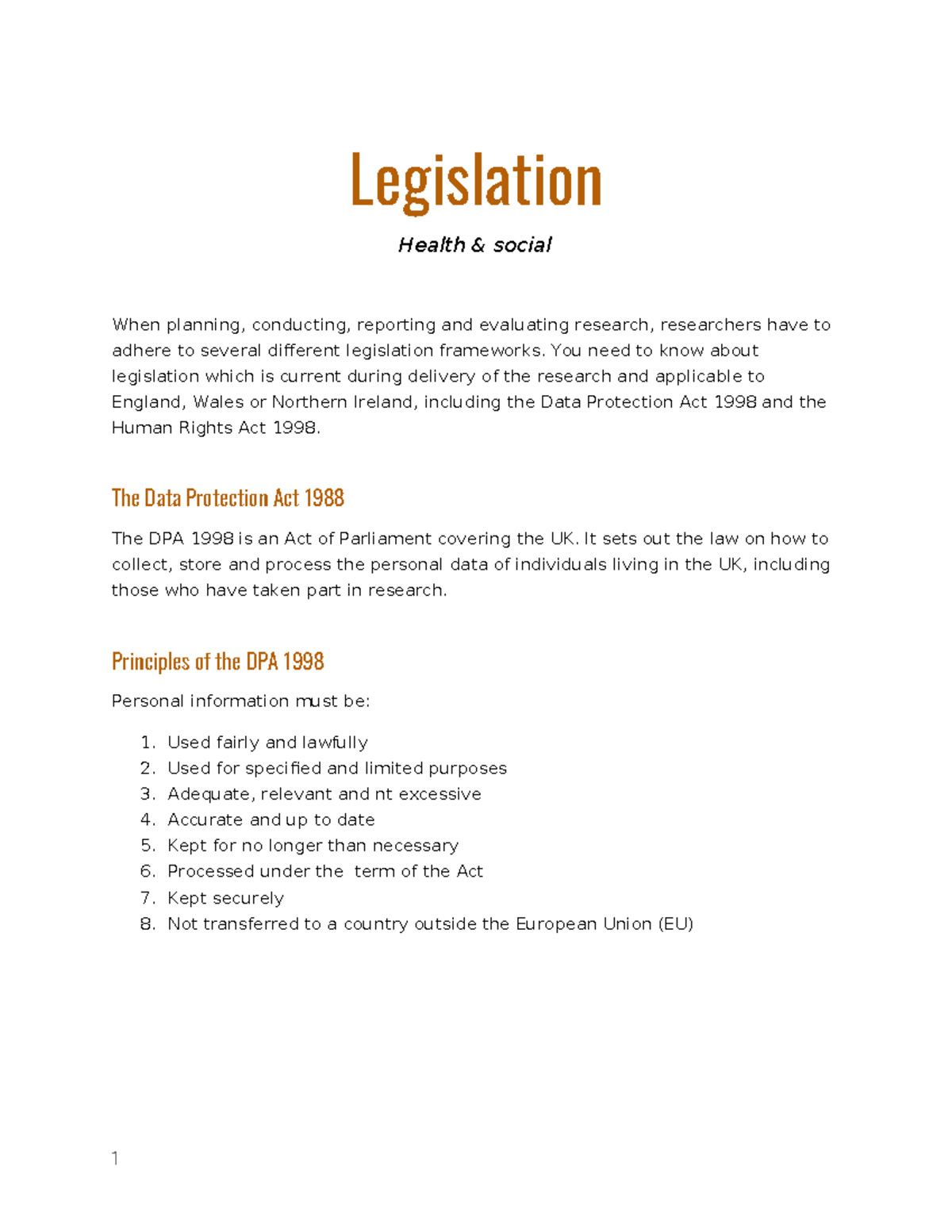 Legislation - Class notes to help for unit 2 exam - Legislation Health ...