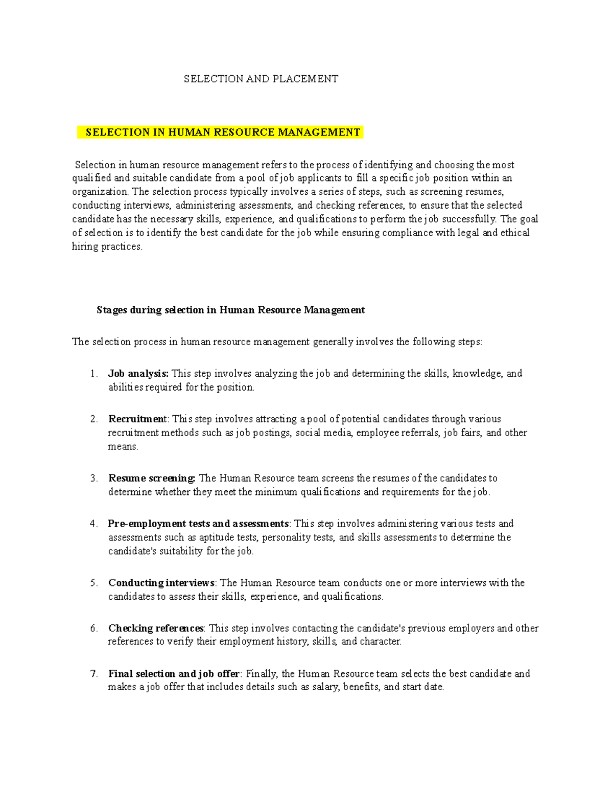 Selection AND Placement - SELECTION AND PLACEMENT SELECTION IN HUMAN ...