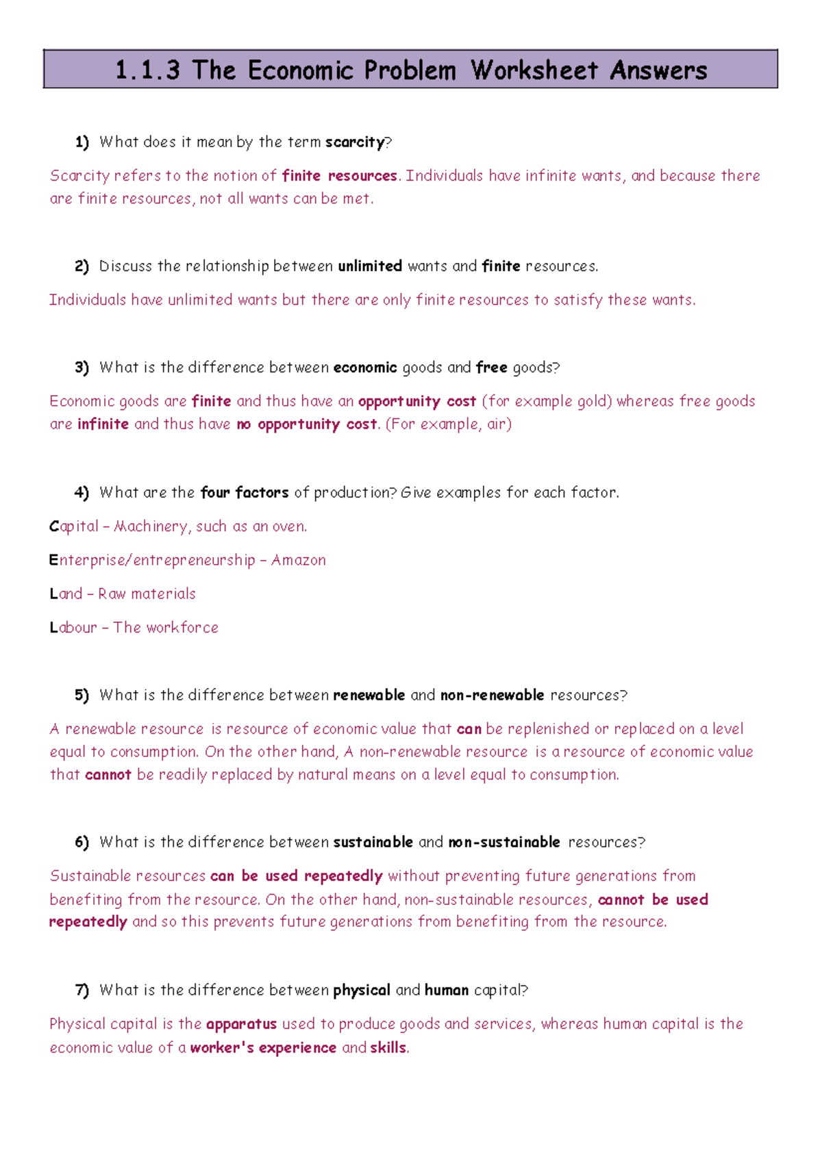 worksheet and answer - 1.1 The Economic Problem Worksheet Answers What ...