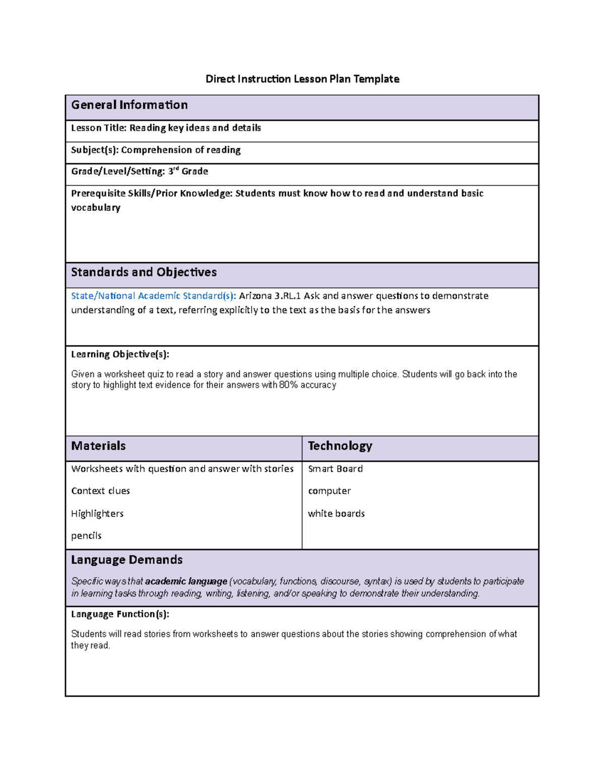 C909 task Reading Methods and Intervention - Direct Instruction Lesson Plan Template General ...